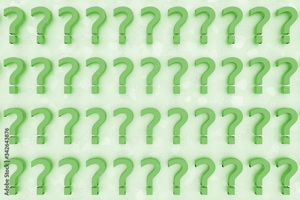 Green question marks on a background of white signs. 3D Rendering Stock ...