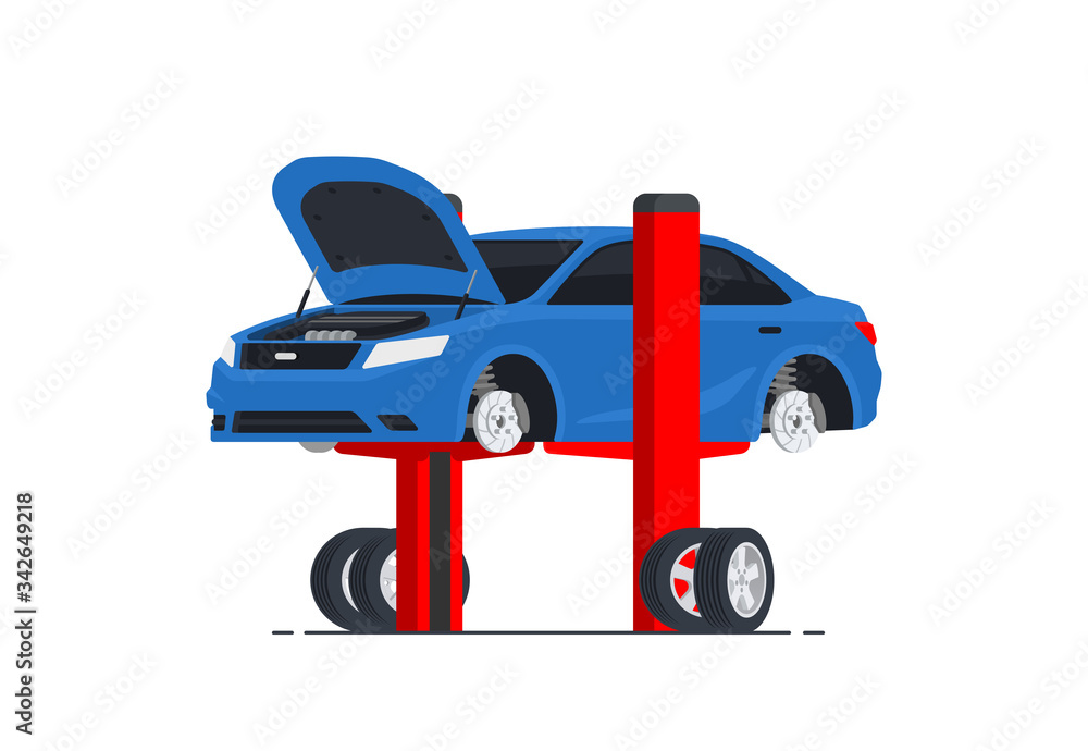 Car lifting isolated on a white background. Car without wheels and open ...
