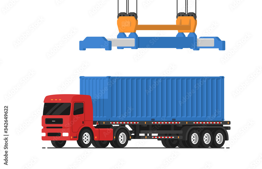 Port crane lifts the container off the truck. Vector illustration ...