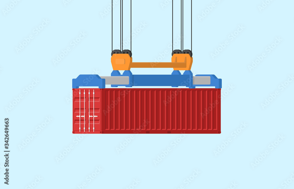 Port crane lift red cargo container. Vector illustration. Cartoon/Flat ...