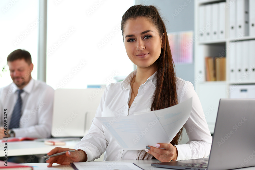 Beautiful smiling girl at workplace look in camera portrait. White ...