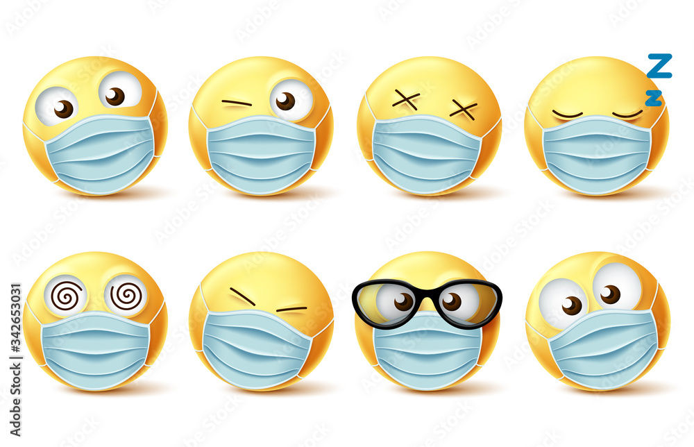Emojis face mask vector emoticon set. Emoji faces with covid-19 face ...