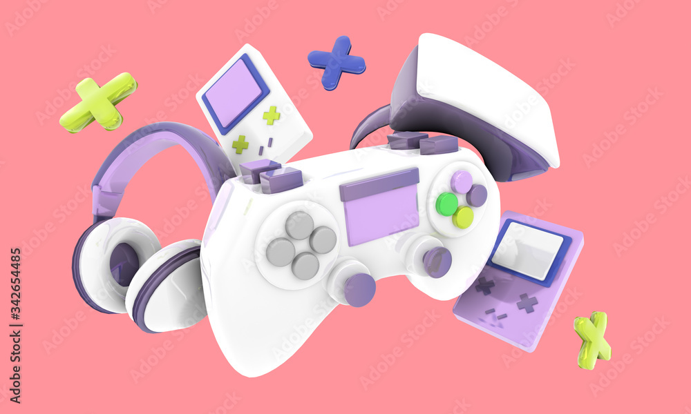 Colorful Video game controller, headphones and game console background ...