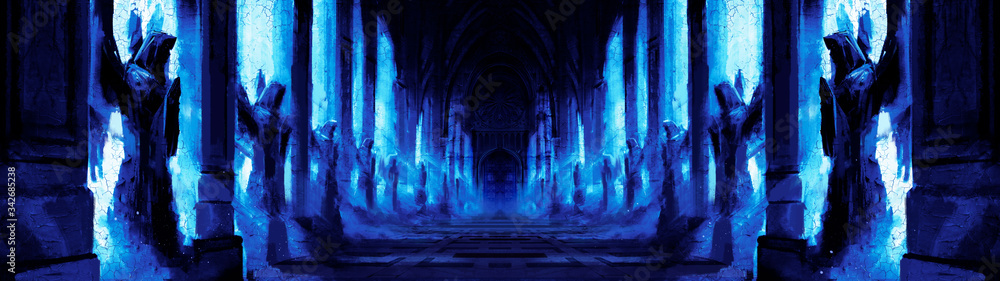 A dark night corridor assembled with many statues of angels along the ...