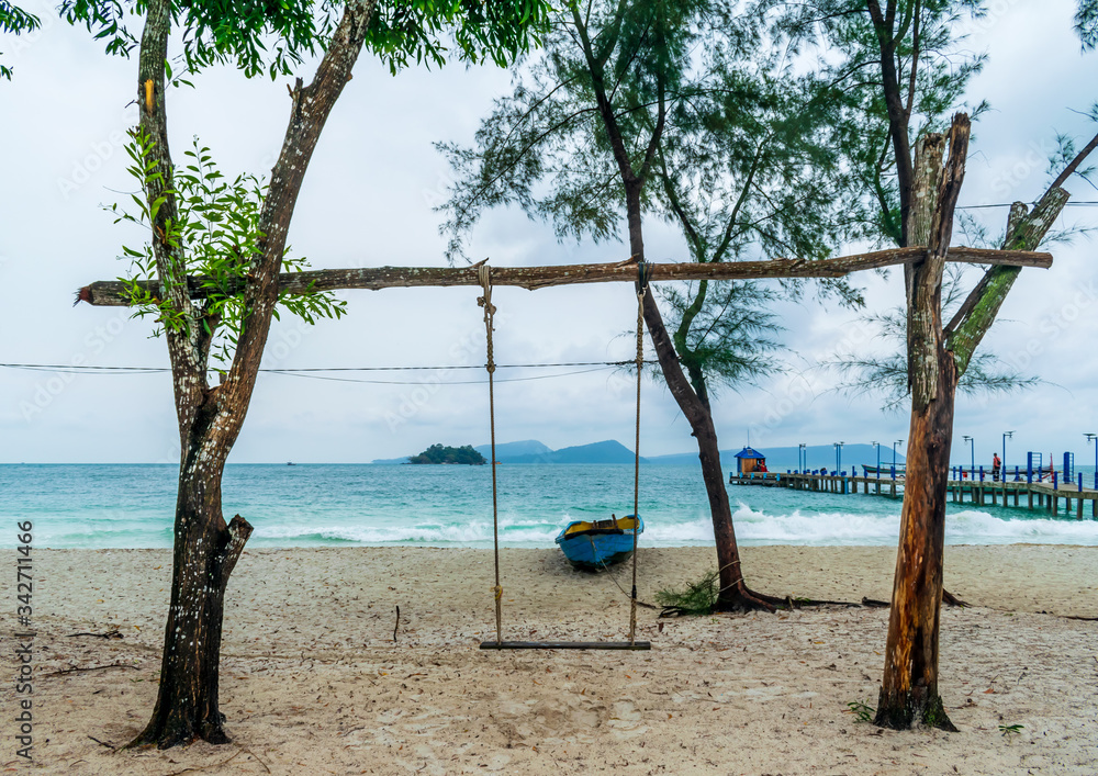 Long Set Beach, Koh Rong, Cambodia- Feb, 2020 : a swing on the beach at ...