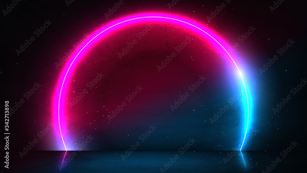 Abstract neon banner concept. 3d pink and blue neon circle. Dark ...