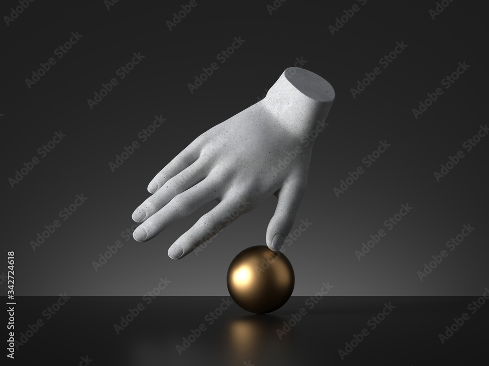 3d render, mannequin hand balancing on golden ball, isolated on black ...