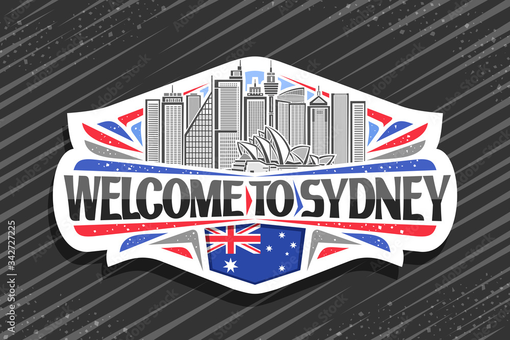Vector logo for Sydney, white decorative sticker with illustration of ...