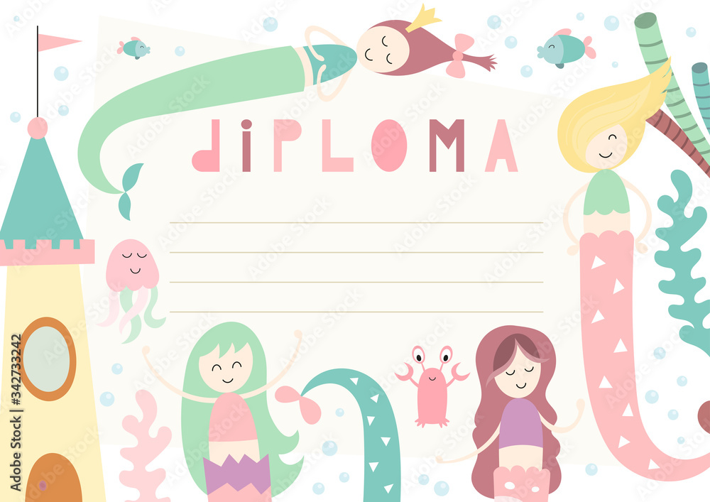 Diploma template with beautiful little mermaids, funny underwater ...