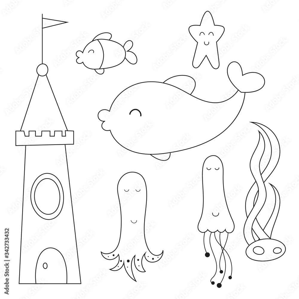 Coloring page for kids. Underwater sea life - mermaids house, dolphin ...