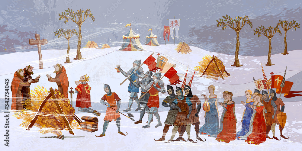 Medieval scene. Ancient book illustration. Monks pray for a miracle ...