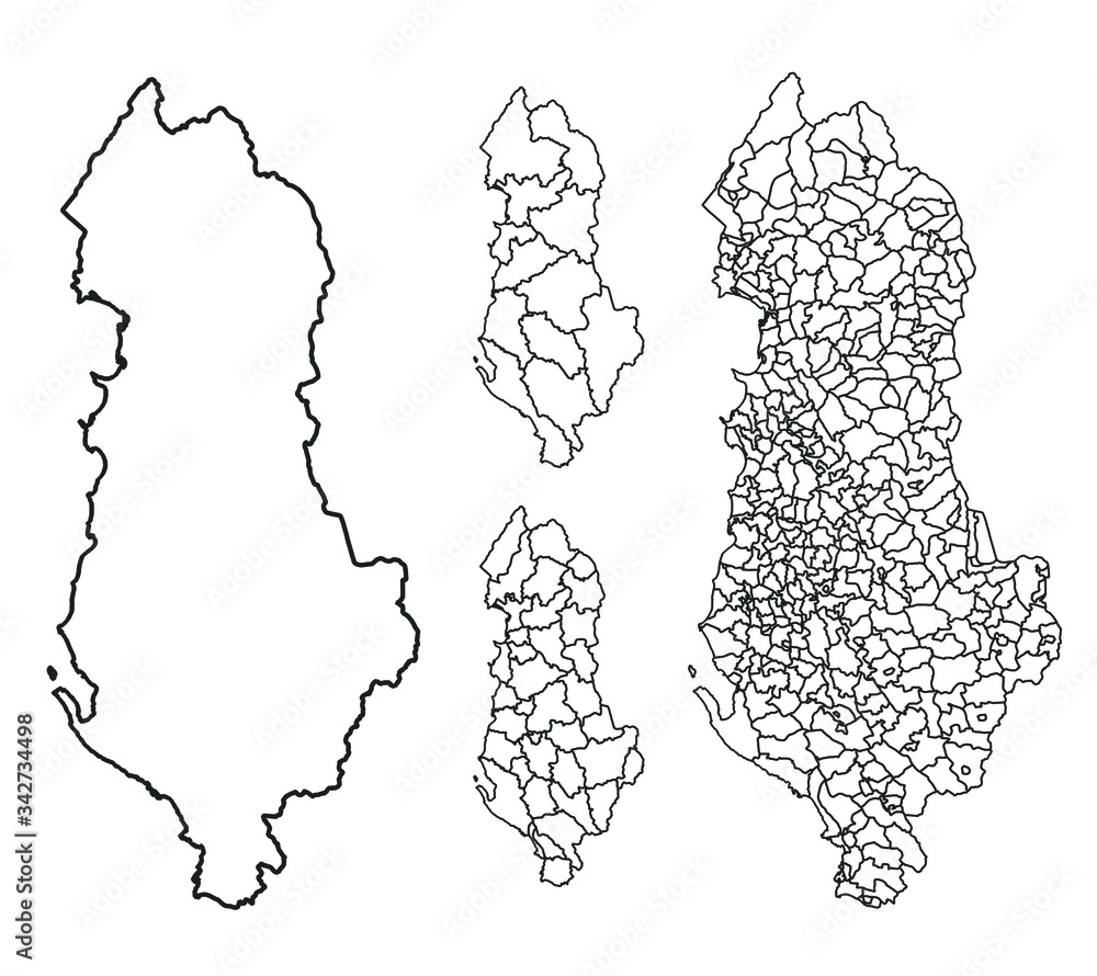 Albania outline map vector with administrative borders, regions ...