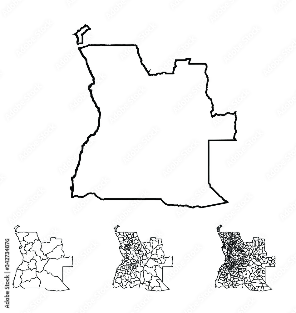 Angola outline map vector with administrative borders, regions ...
