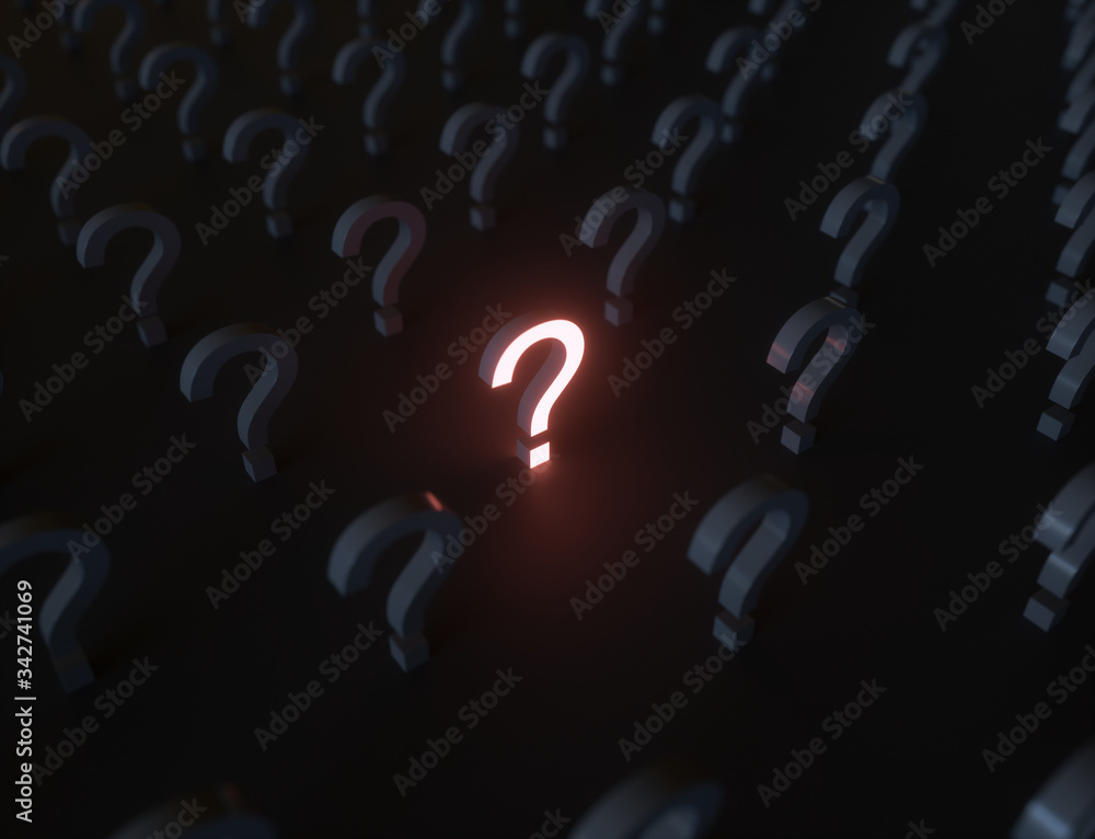 Neon illuminated red question mark with many question marks. 3d ...