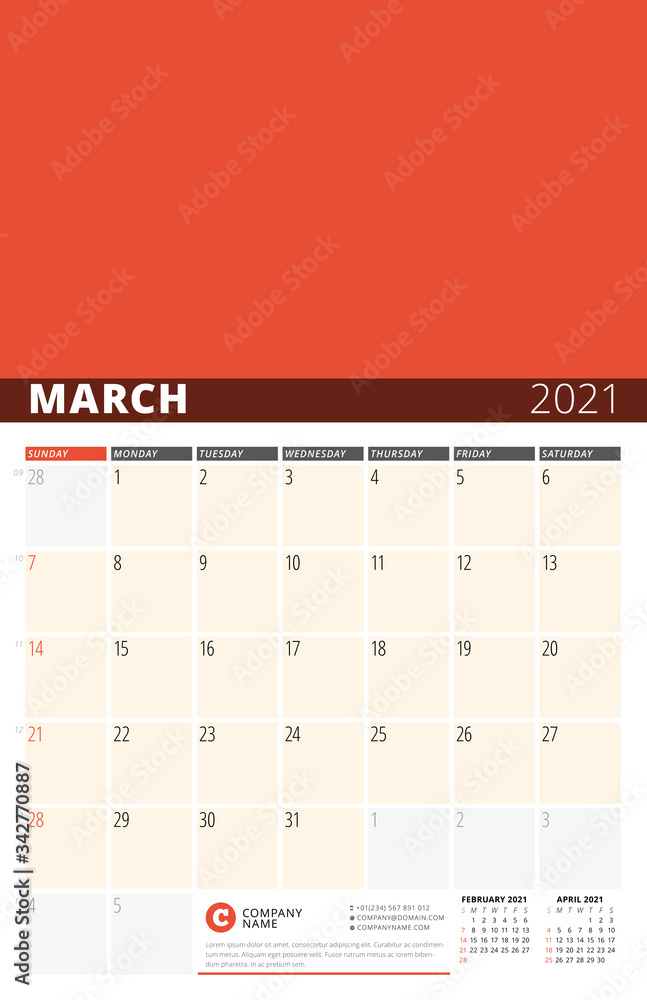 Corporate design planner template for March 2021. Monthly planner ...