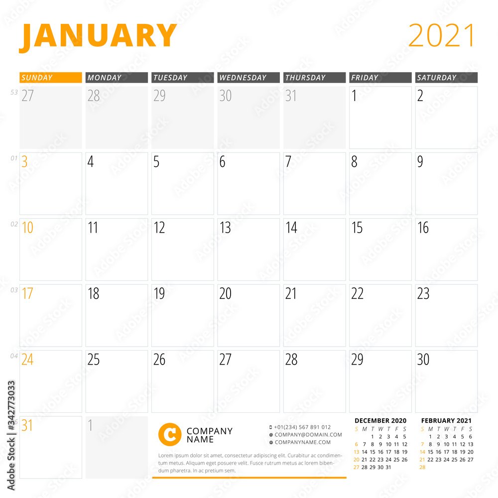 Corporate design planner template for January 2021. Monthly planner ...