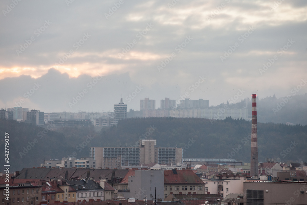 Panorama of Czech brutalist buildings, called Panelaky, in the suburbs ...