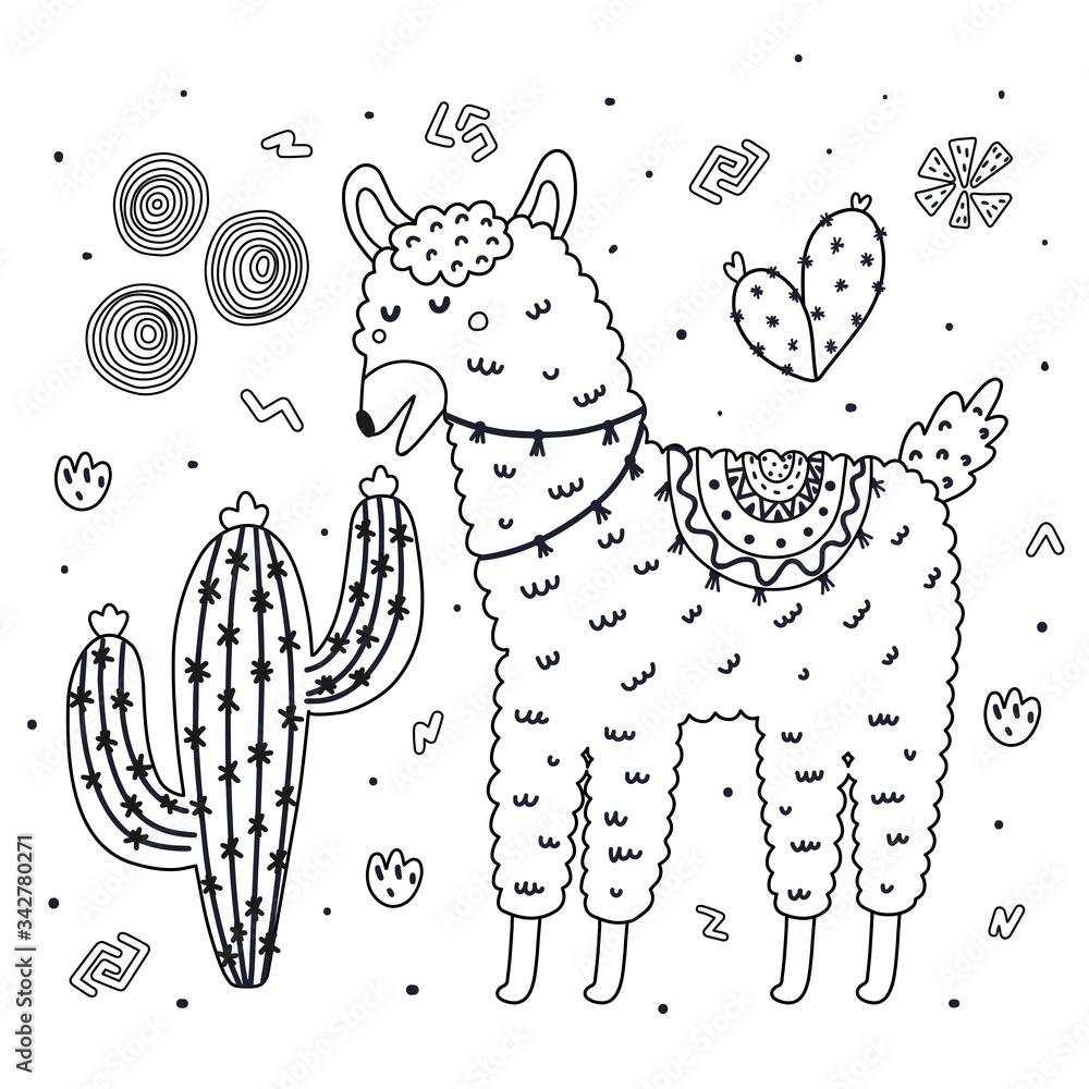 Coloring page with cute llama eating a cactus. Black and white ...