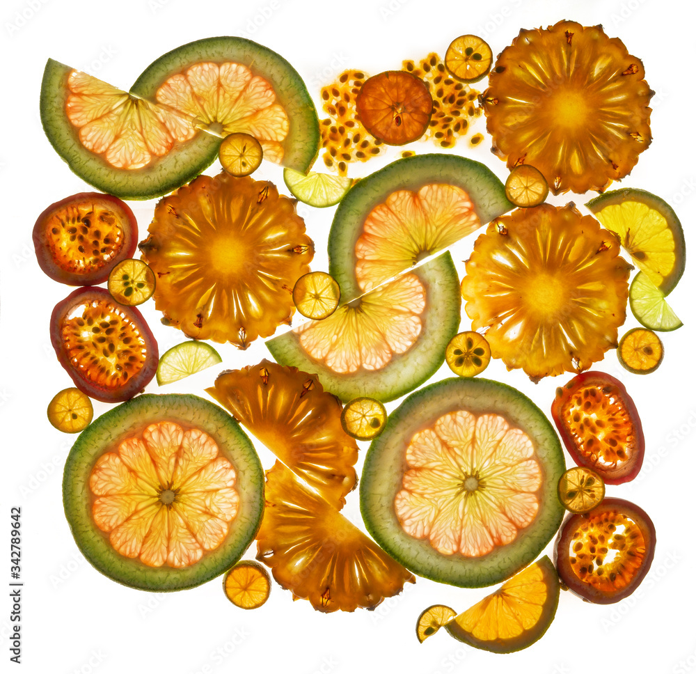 Composition of longitudinal and transverse cuts of fruits of various ...