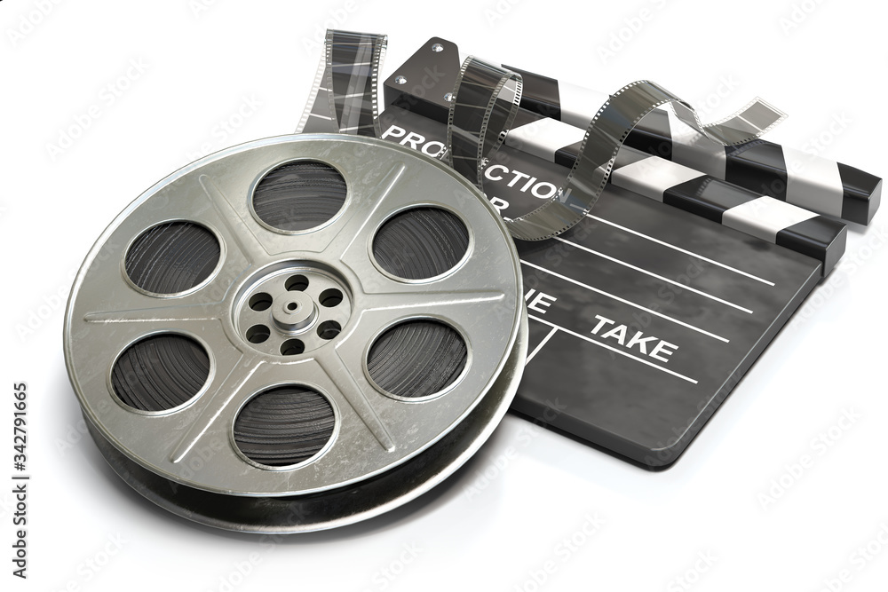 Film reel with clapper board. Video, movie and cinema production ...