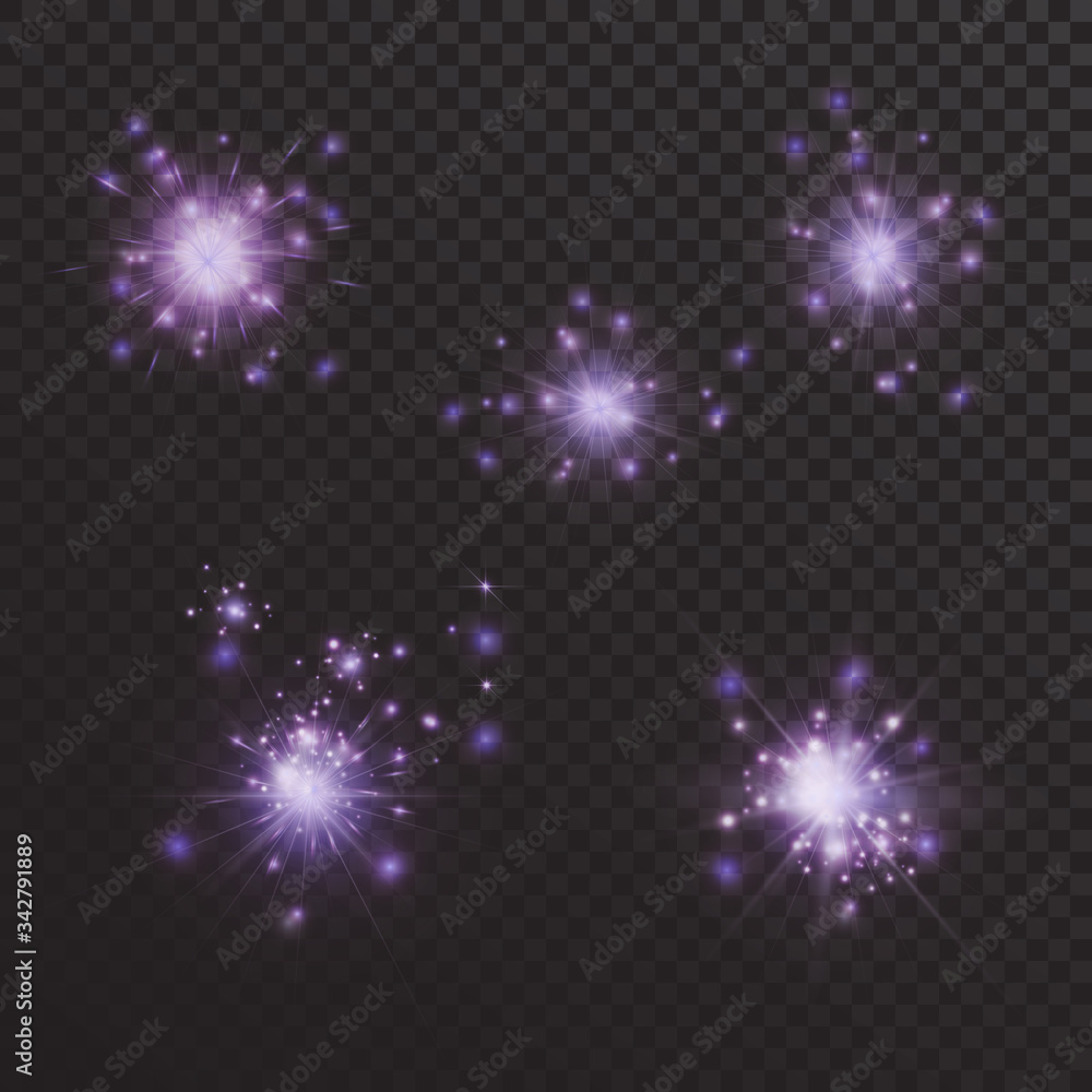 Set of vector flares or flash with rays and sparks of purple on a ...