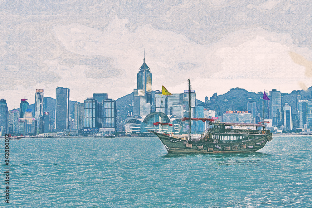 Color pencil drawing picture of Victoria Harbour at Hong Kong. Stock ...