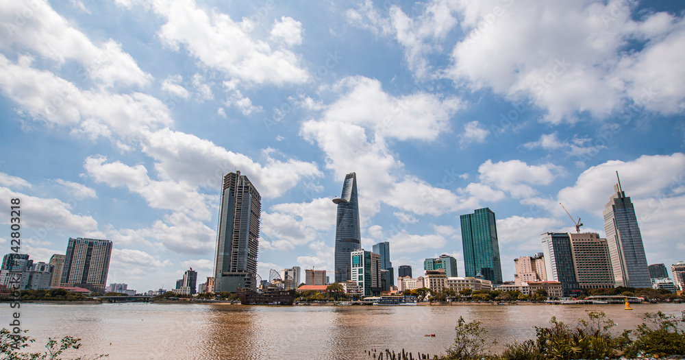 Saigon skyline and the Saigon River with Bitexco tower. Ho Chi Minh ...