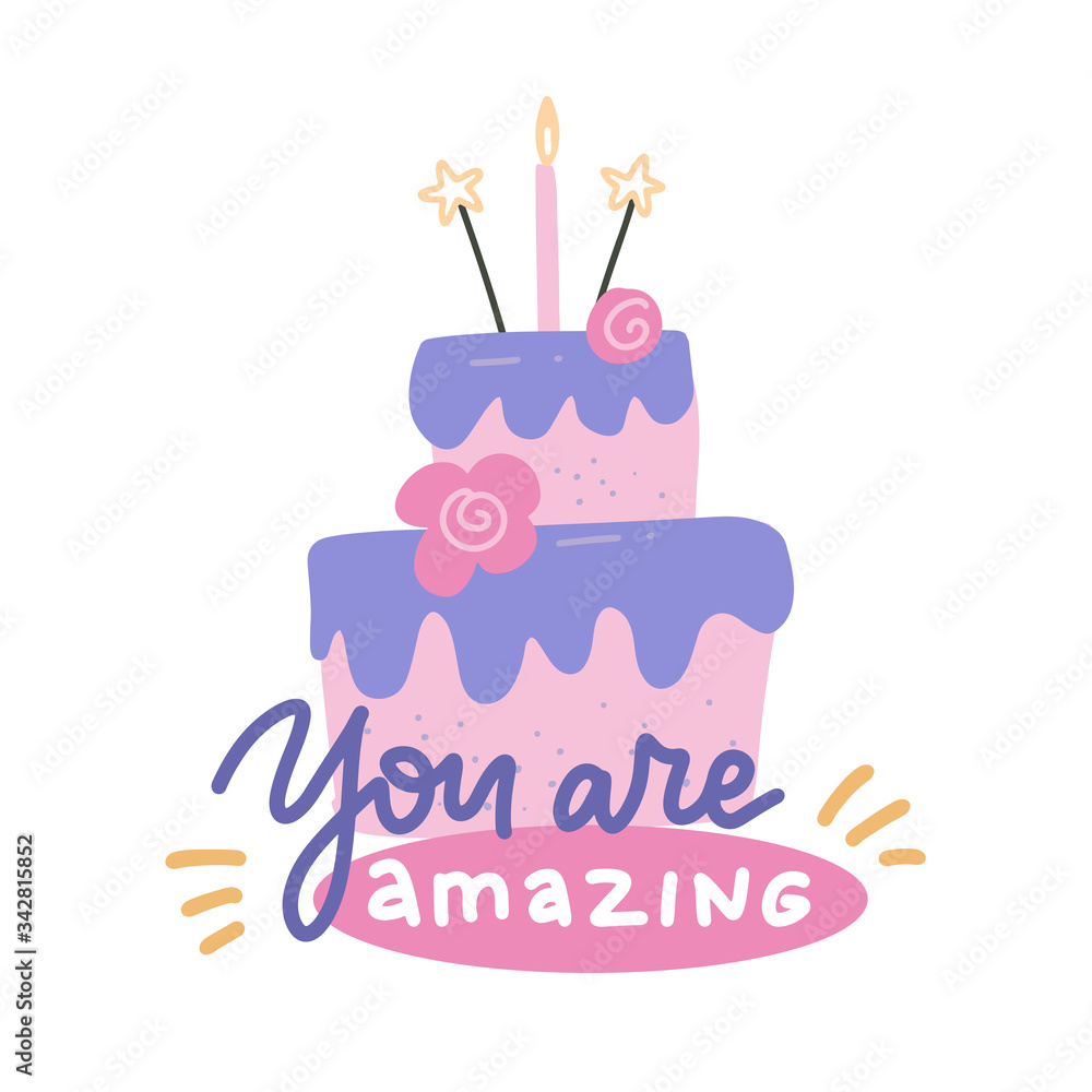 Cute happy birthday card with cake and candles. Flan hand drawn vector ...