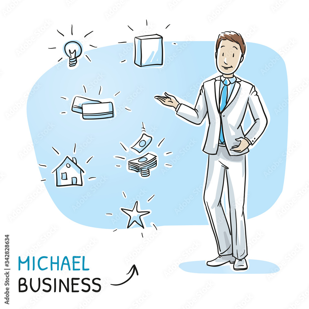 Happy young business man presenting something (with icons for product ...