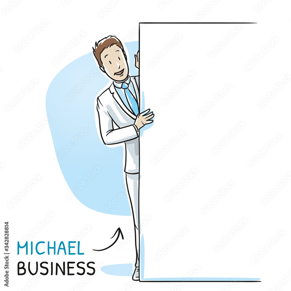 Happy and interested young man in business suit peering behind a wall ...