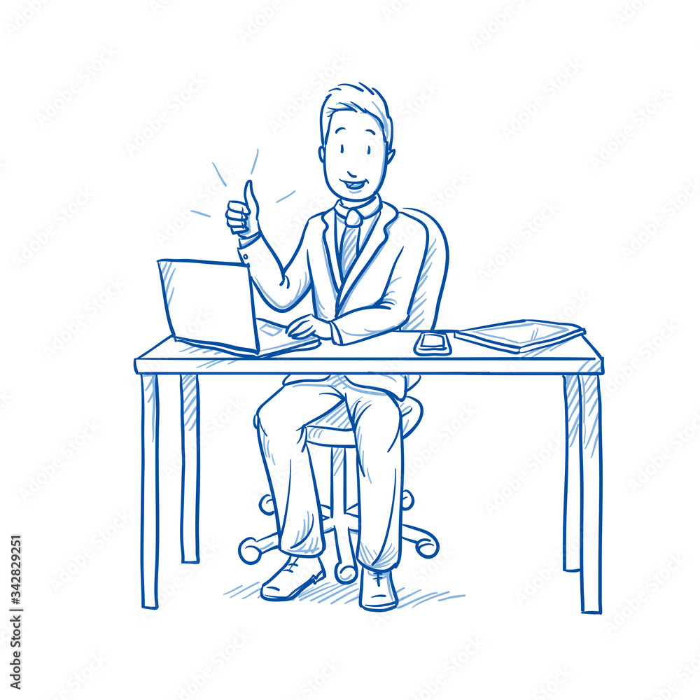 Happy business man, employee at his desk with laptop, tablet showing ...