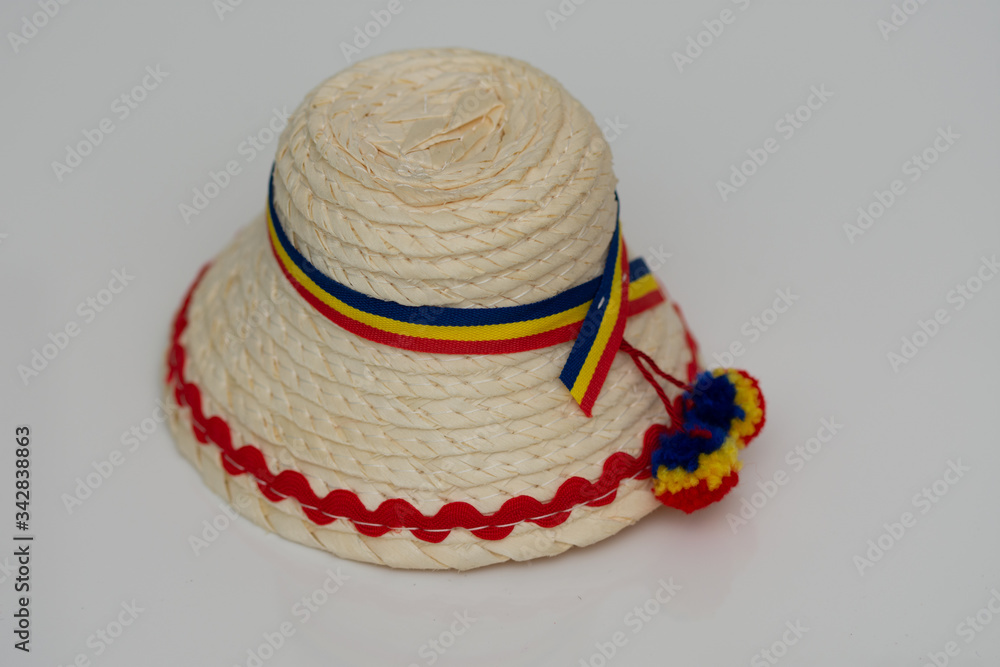 romanian traditional straw hat on white background, in Maramures ...