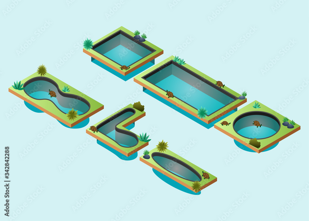 Isometric Vector Illustration Representing 6 Turtle Ponds with Various ...