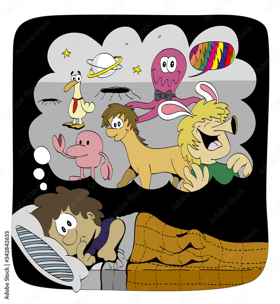 Cute boy character dreaming, daydreaming with his eyes opened in his ...