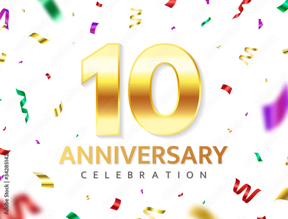 10th Anniversary celebration. Gold numbers with glitter color confetti ...