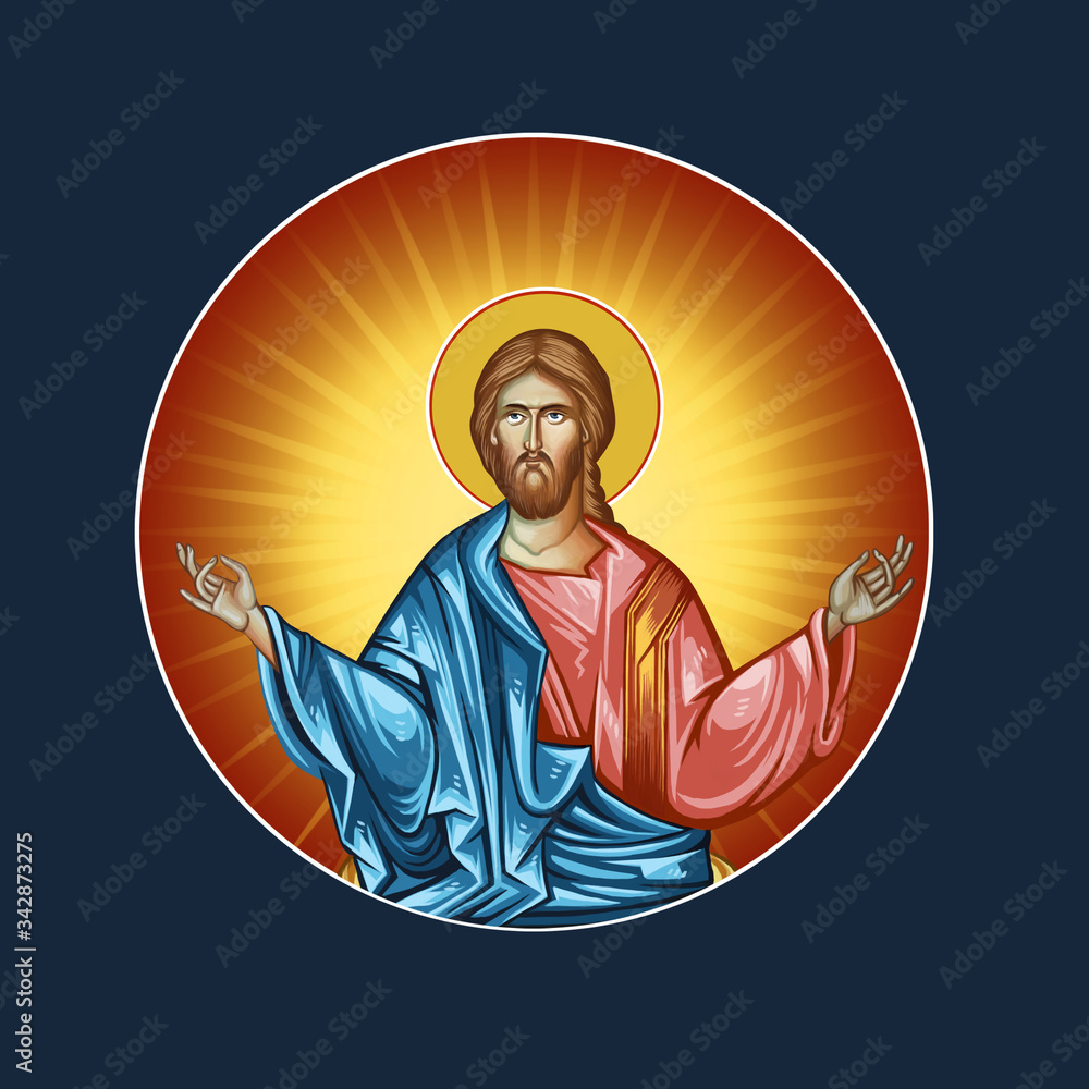 Jesus in round frame with rays of light. Religious element ...