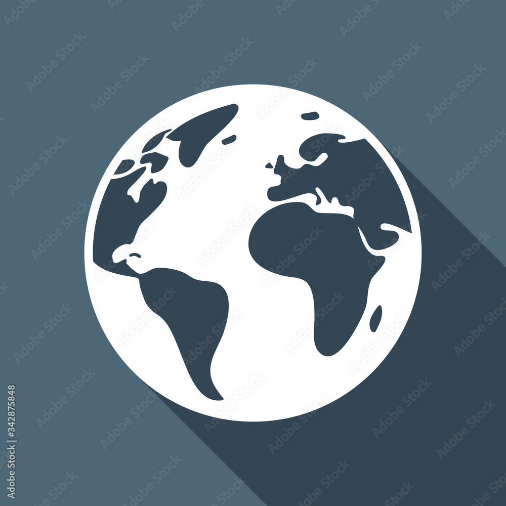 Earth planet, global map. White flat icon with long shadow on blue ...