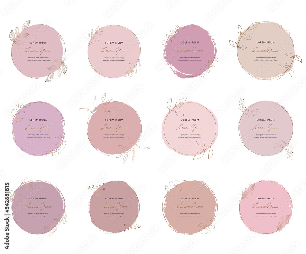 Set soft pastel pink round brush stroke watercolor texture with gold ...