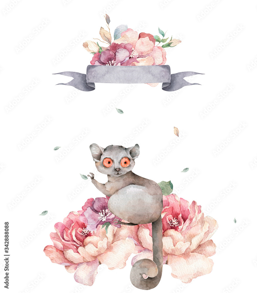 Baby Mouse lemur. Hand drawn cute watercolor cartoon mouse lemur on ...