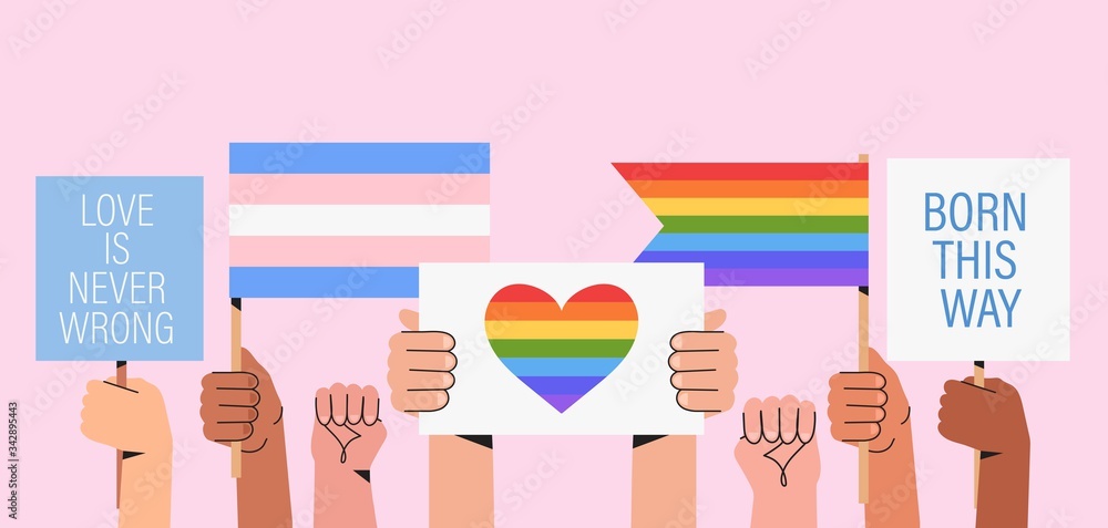 People hold signs, banner and placards with lgbt rainbow and ...