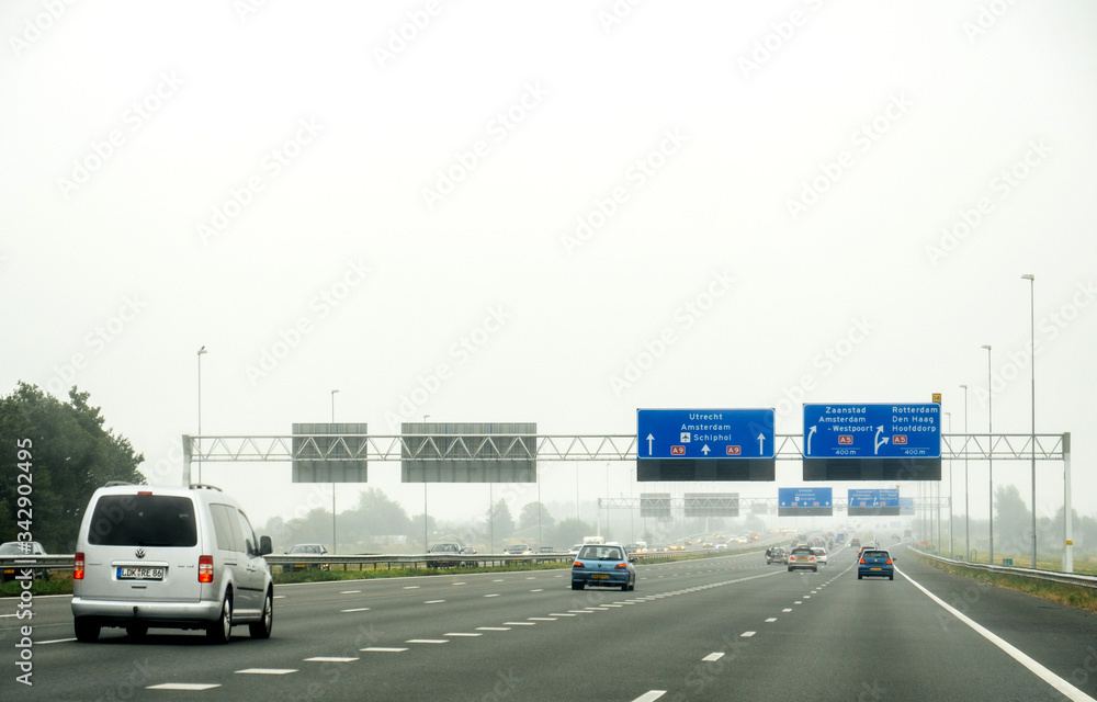 Amsterdam, Netherlands - Aug 19, 2018: POV at Dutch highway with signs ...