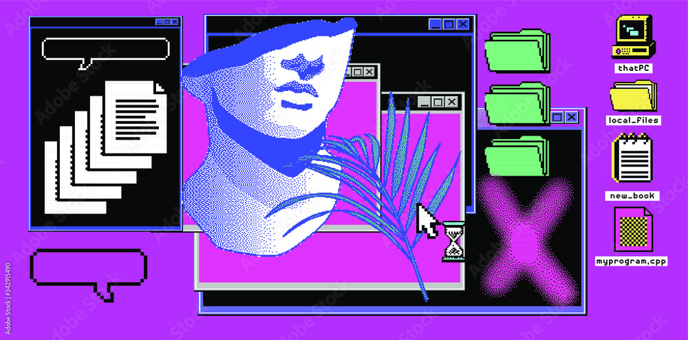 Surreal retrofuturistic vector illustration with Roman antique statue ...