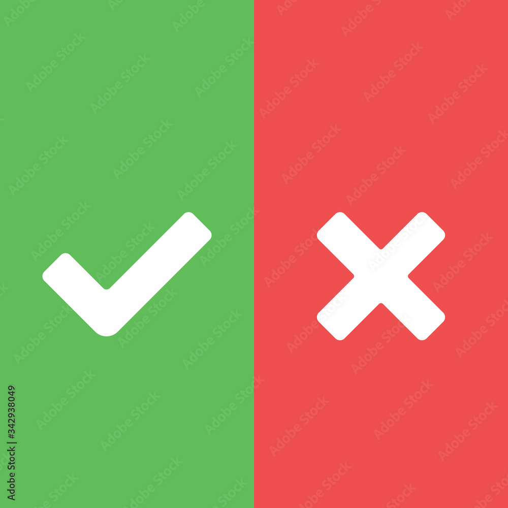 Tick and cross signs. Green checkmark and red X icons, isolated on white background. Stock 벡터 ...