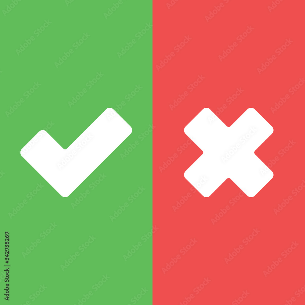 Tick and cross signs. Green checkmark and red X icons, isolated on ...