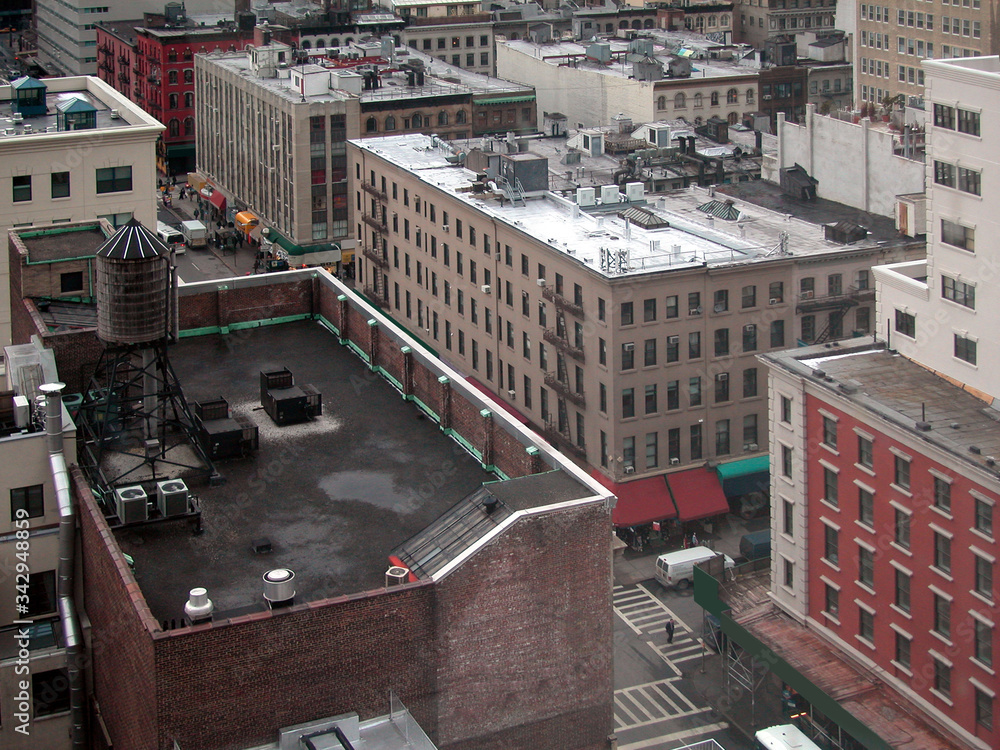 New york city birds eye view of building rooftops looking north Stock ...