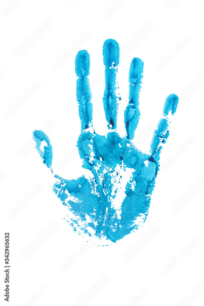 Blue watercolor print of human hand on white background isolated close ...