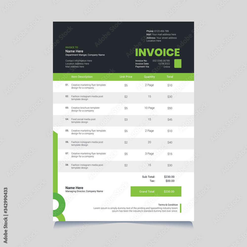 Corporate modern green invoice template Stock Vector | Adobe Stock