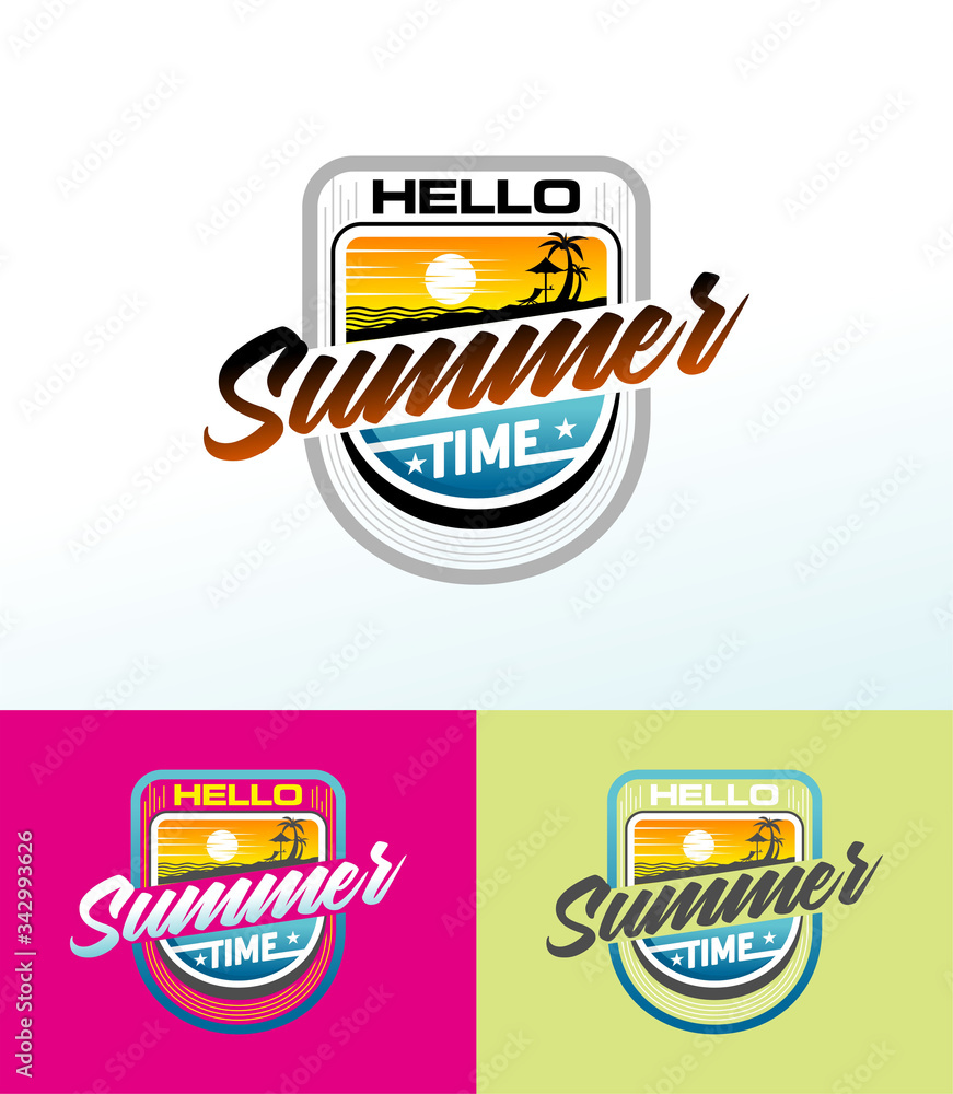summer holiday logo with sunset and chair, palm trees on the beach ...