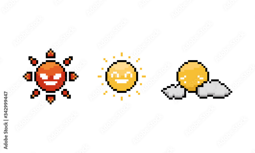 Pixel art cartoon sun character in three emotional. Stock Vector ...