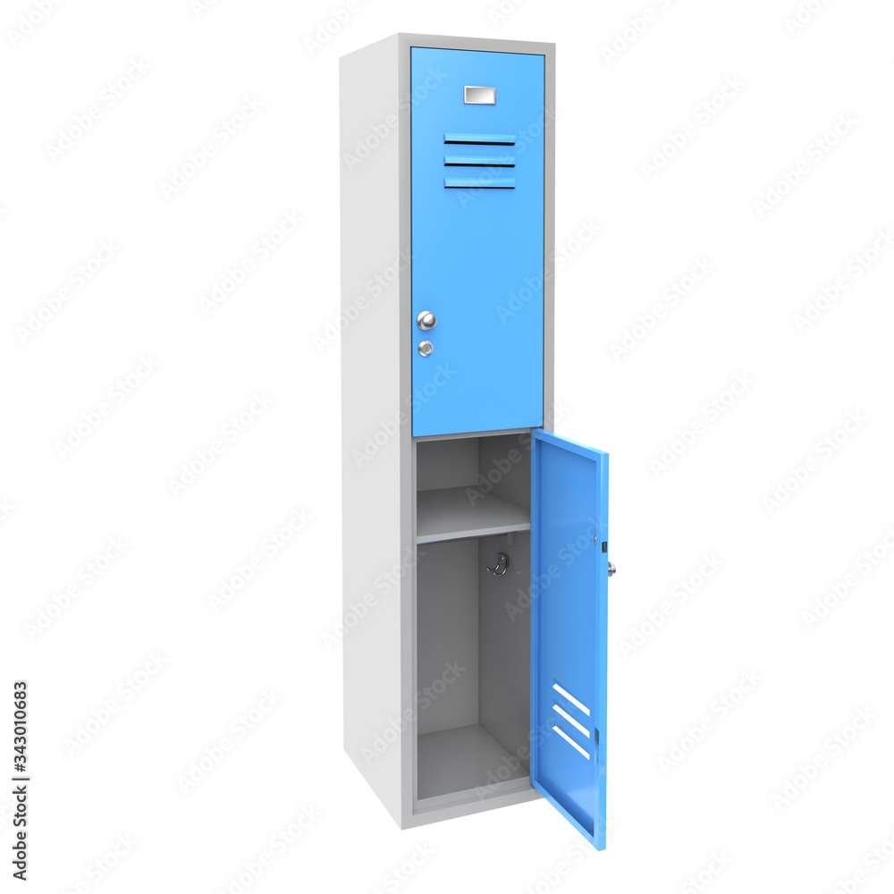 Blue metal locker. Two level compartment with open door. 3d rendering ...